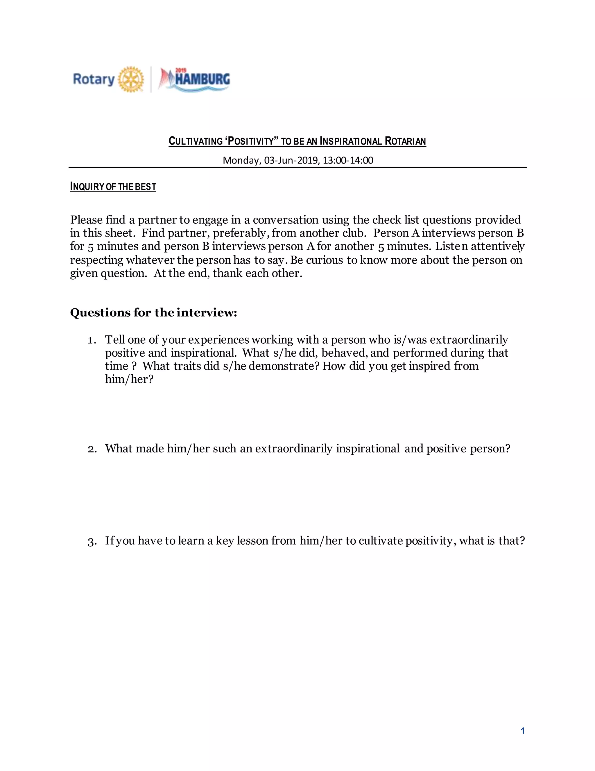 Cultivating Positivity to Be an Inspirational Rotarian Handout | DOCX