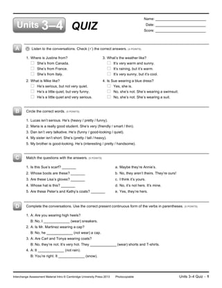 Interchange Intro Achievement Test Units 3 & 4 | PDF