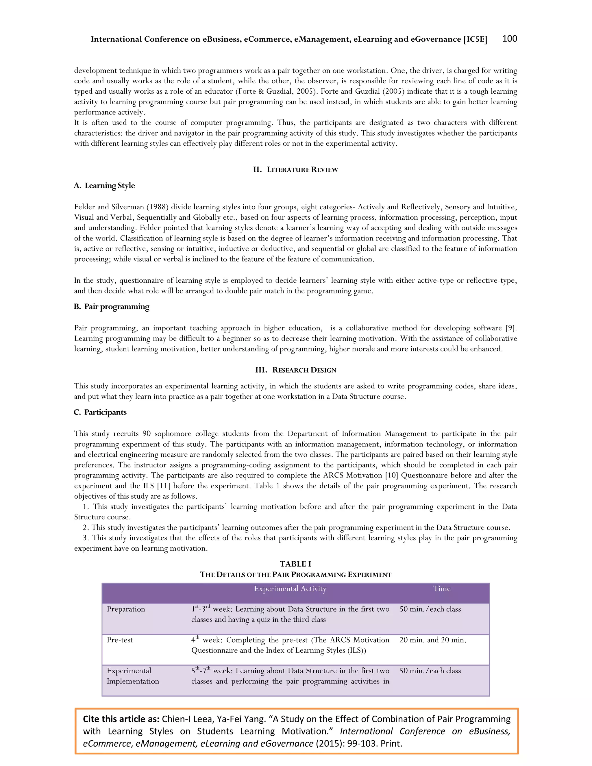 A Study on the Effect of Combination of Pair Programming with Learning Styles on Students ...