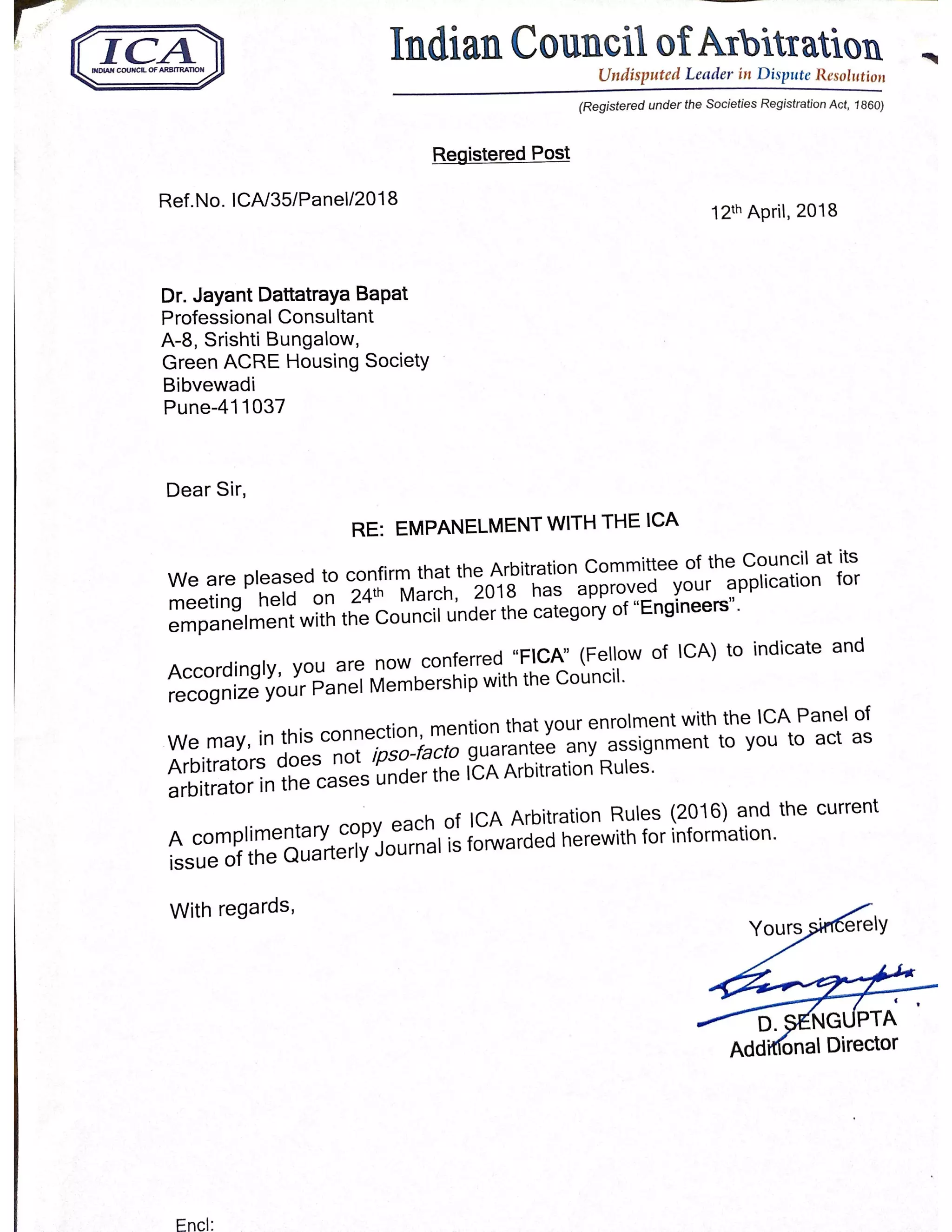 Dr J D Bapat_ICA Empanelment and Fellowship (FICA) | PDF