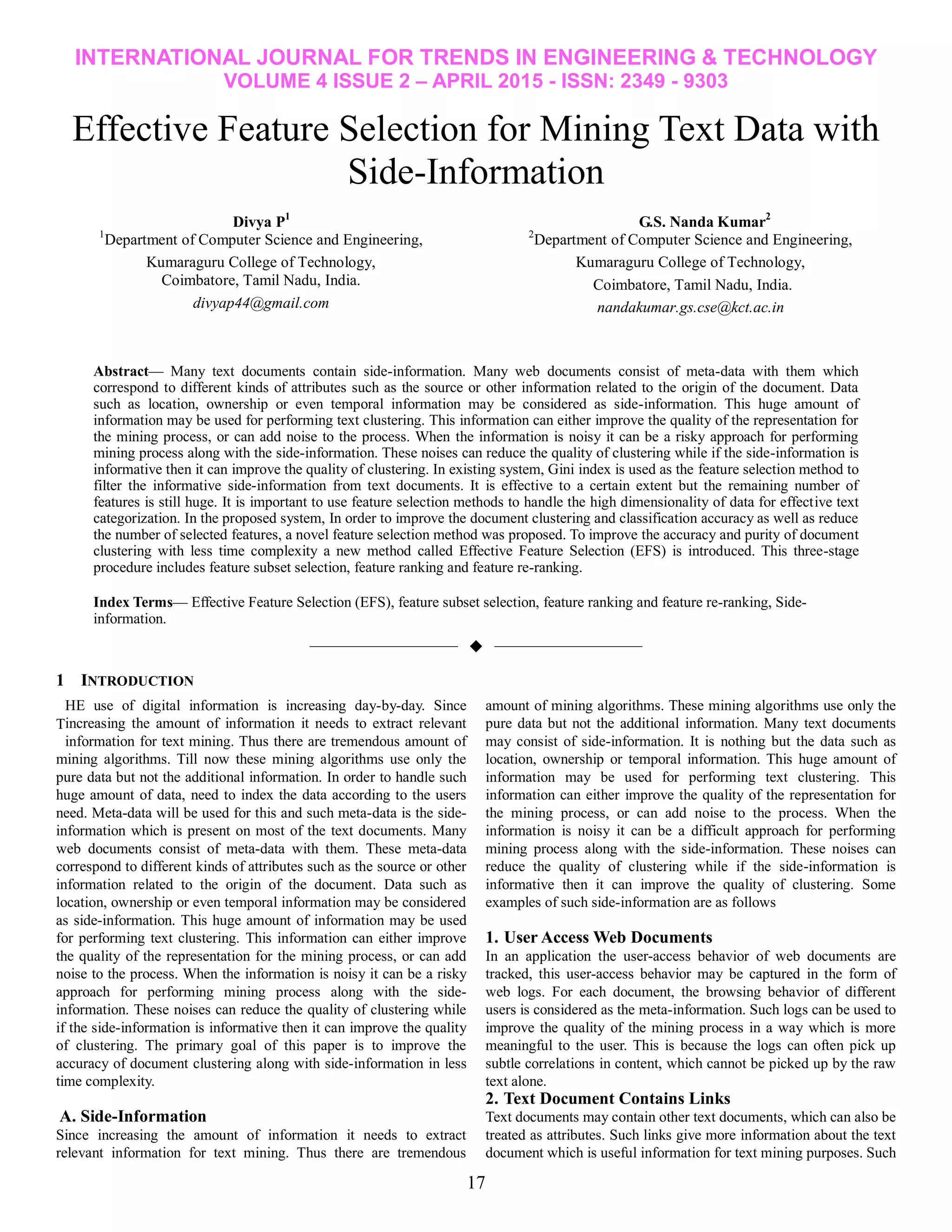 Effective Feature Selection for Mining Text Data with Side-Information | PDF | Computing ...