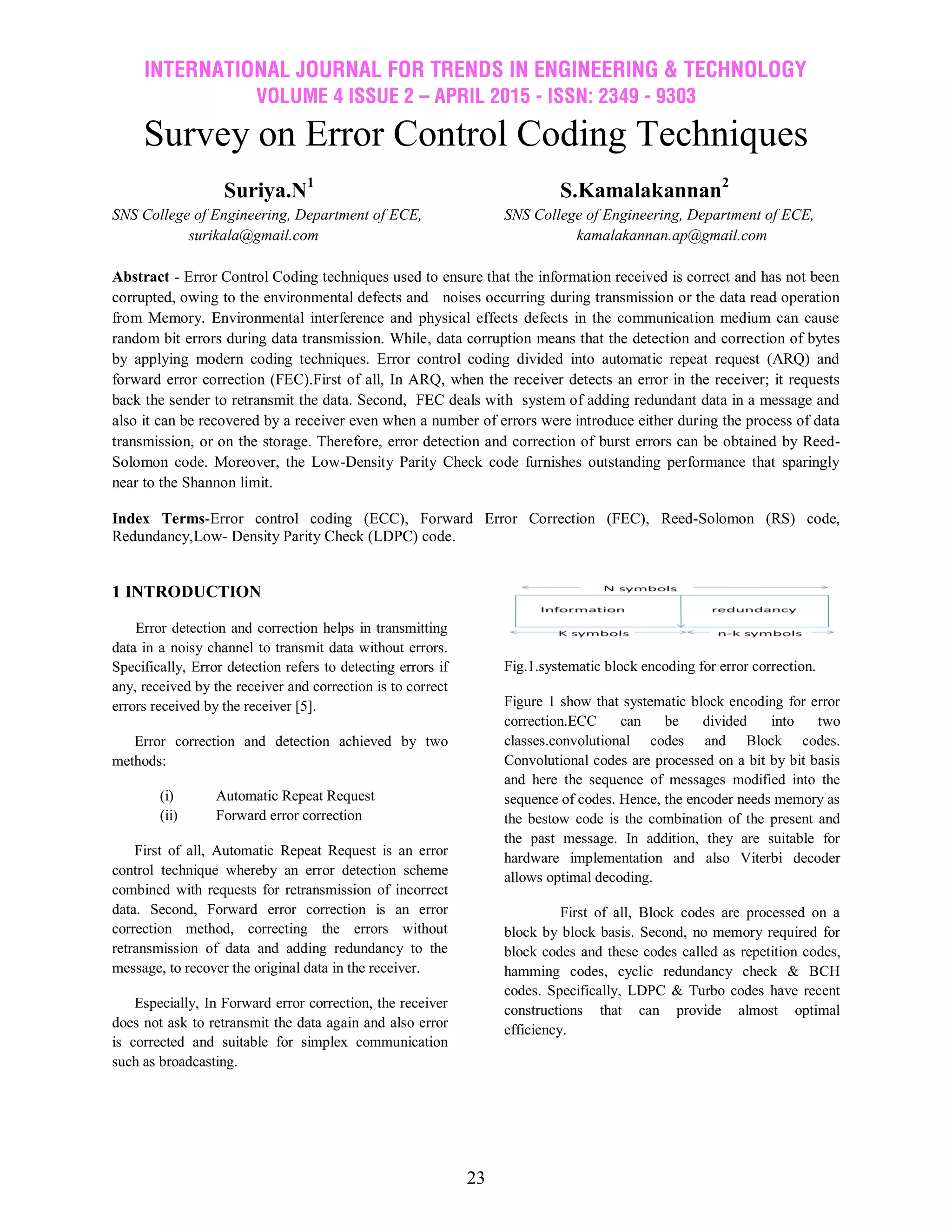 Survey on Error Control Coding Techniques | PDF