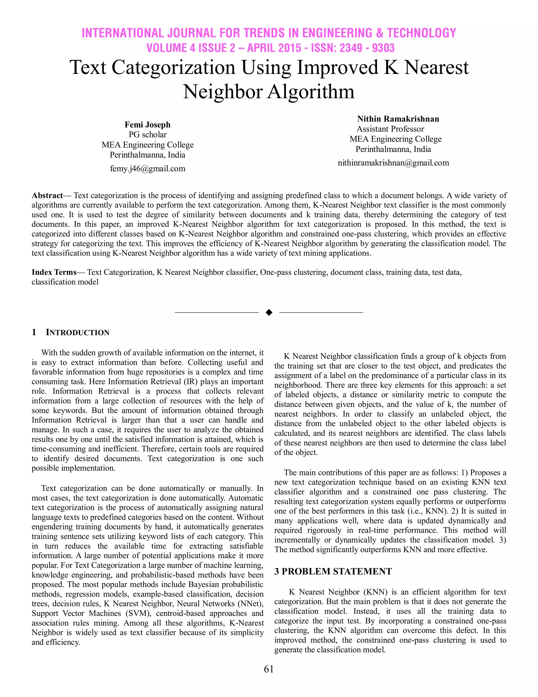 Text Categorization Using Improved K Nearest Neighbor Algorithm | PDF | Computing | Technology ...