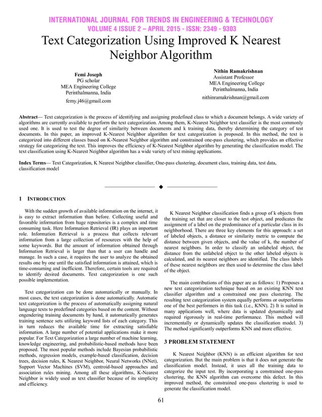 Text Categorization Using Improved K Nearest Neighbor Algorithm | PDF