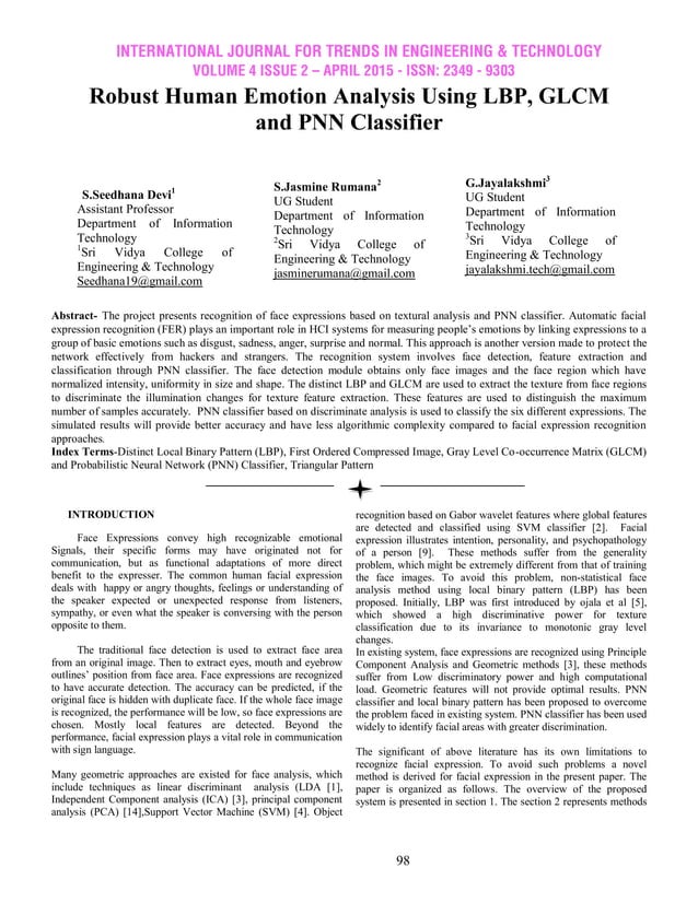 Robust Human Emotion Analysis Using LBP, GLCM and PNN Classifier | PDF