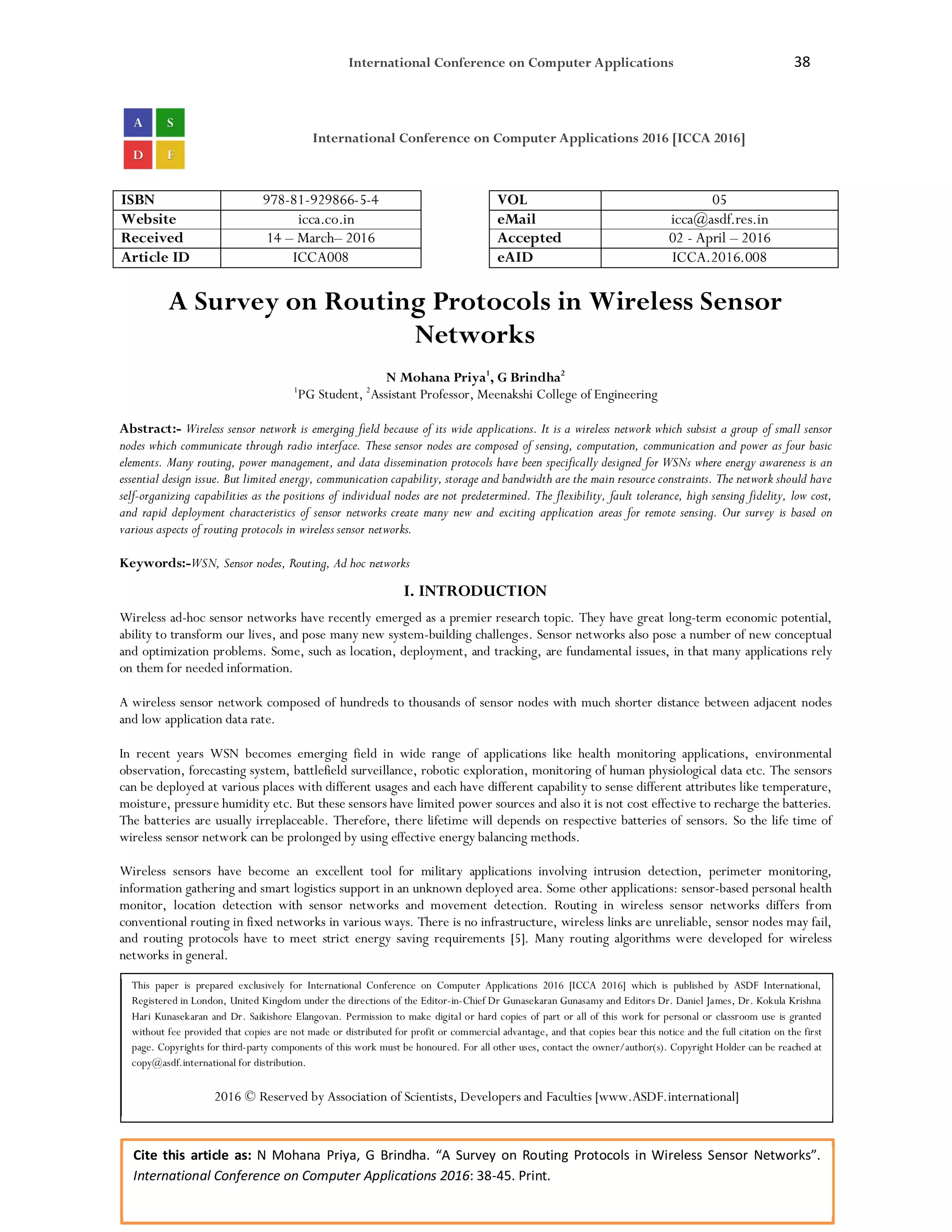 A Survey on Routing Protocols in Wireless Sensor Networks | PDF
