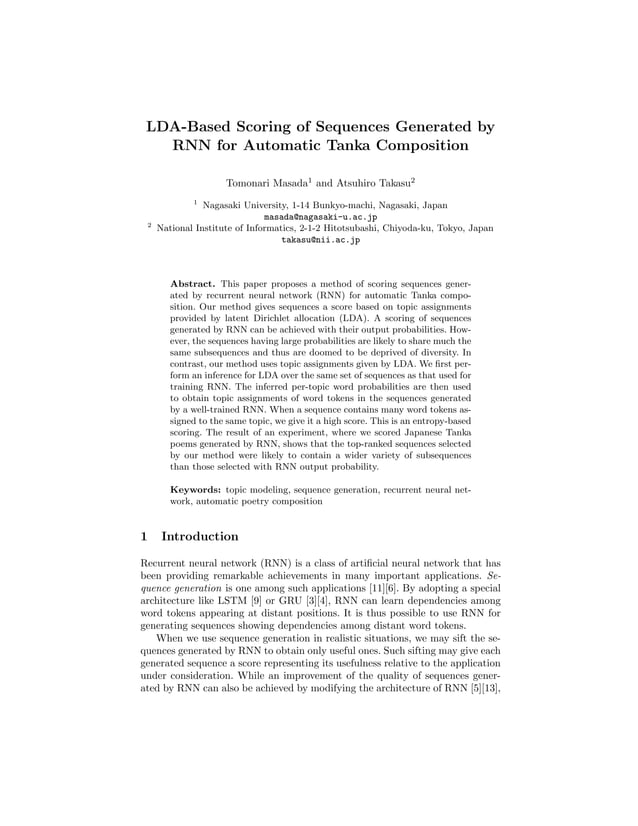 LDA-Based Scoring of Sequences Generated by RNN for Automatic Tanka Composition | PDF