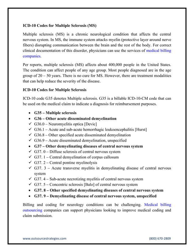 ICD-10 Codes for Multiple sclerosis (MS) | PDF | Brain and Nervous System Disorders | Diseases ...