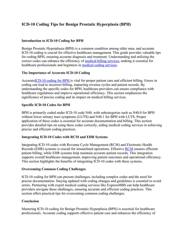 ICD-10 Coding Tips for Benign Prostatic Hyperplasia BPH.pdf | Healthcare Industry | Industries