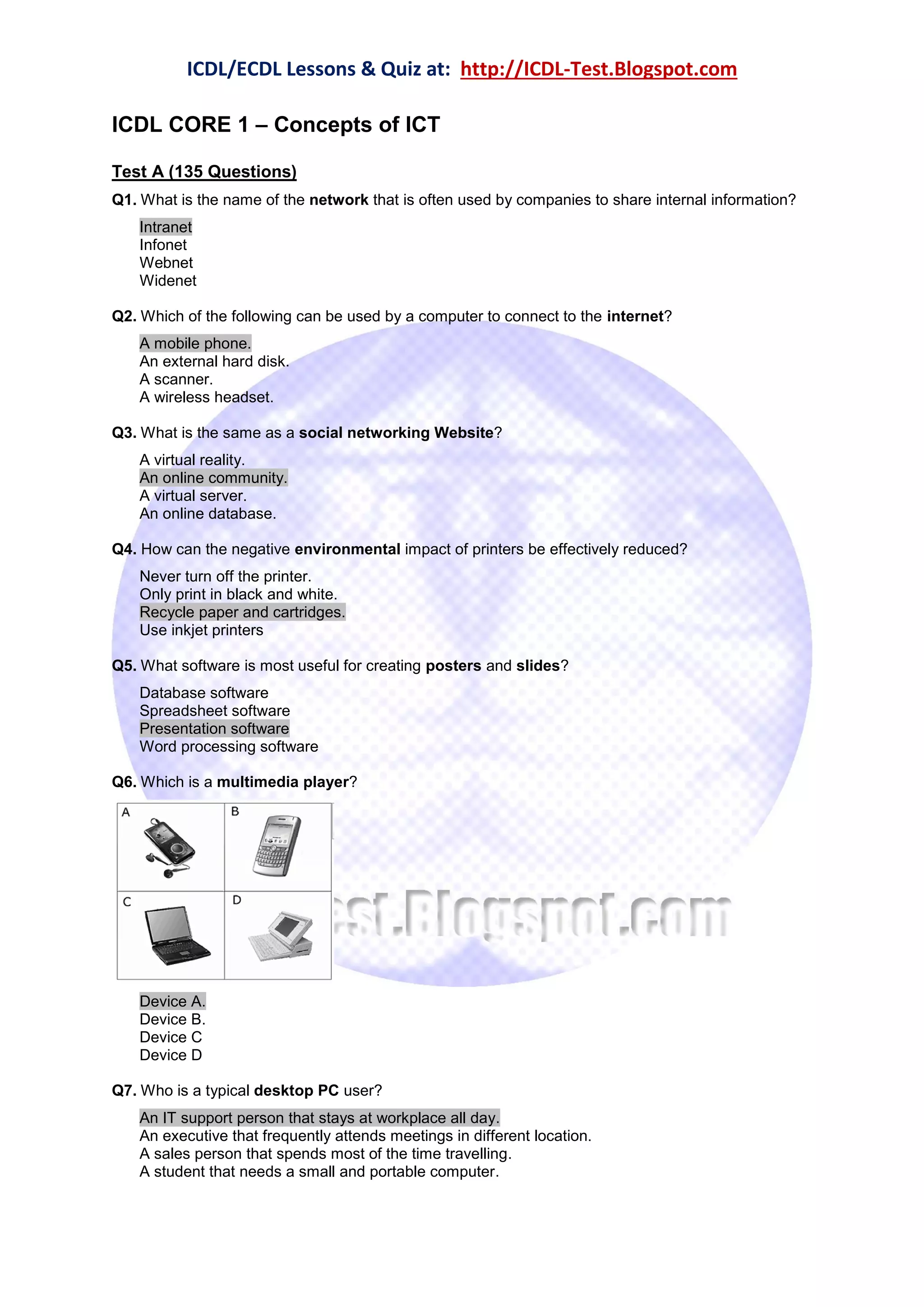 ICDL Module 1 - Concepts of ICT (Information and Communication Technology) - Question & Answers ...