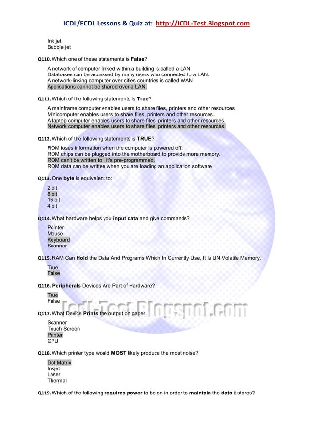 ICDL Module 1 - Concepts of ICT (Information and Communication Technology) - Question & Answers ...