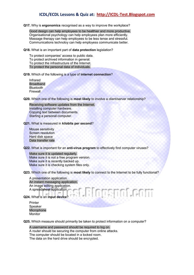 ICDL Module 1 - Concepts of ICT (Information and Communication Technology) - Question & Answers ...