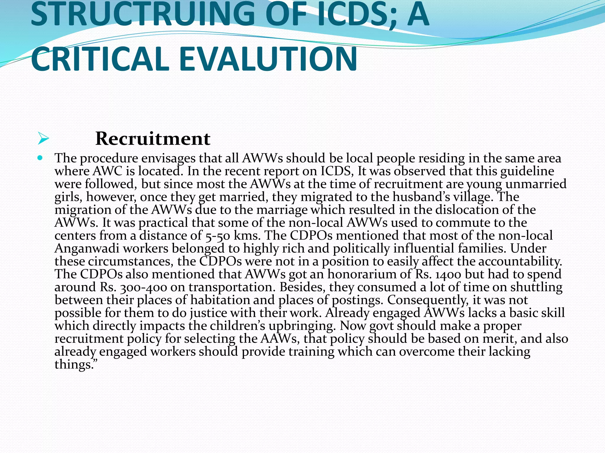 critical evaluation ICDS( integrated child development services) | PPTX
