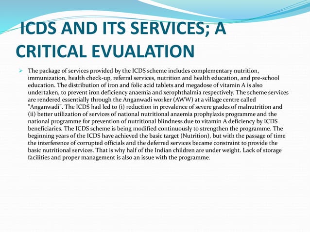 critical evaluation ICDS( integrated child development services) | PPT
