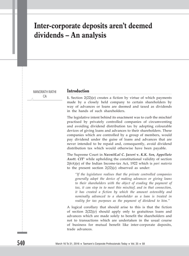 Inter-Corporate deposits are'nt deemed dividends - An Analysis | PDF