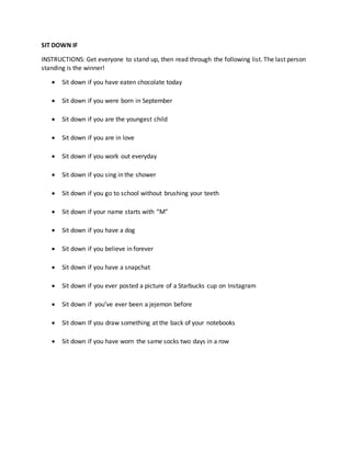 Stand Up Sit Down Game