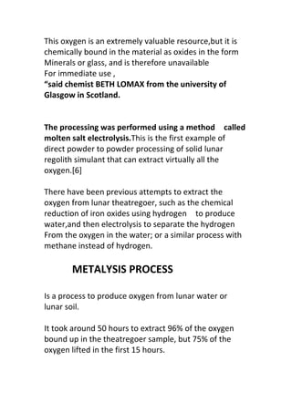 methods of production of oxygen and water on moon surface | PDF