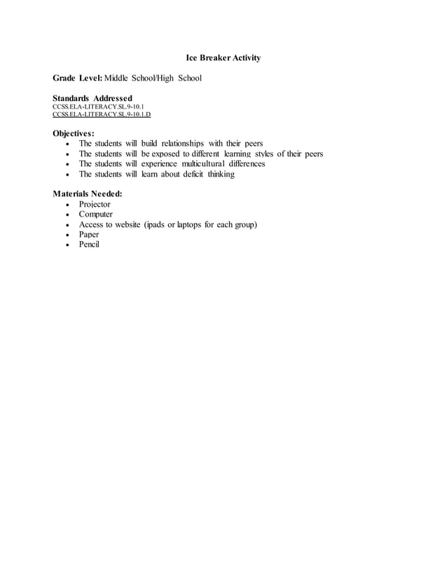 Ice breaker activity introduction | DOCX