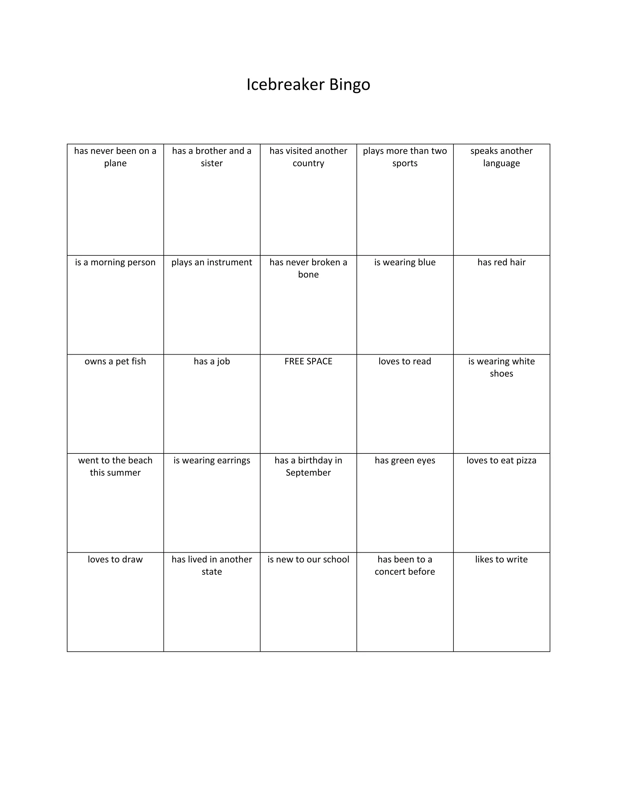 Icebreaker bingo | DOCX