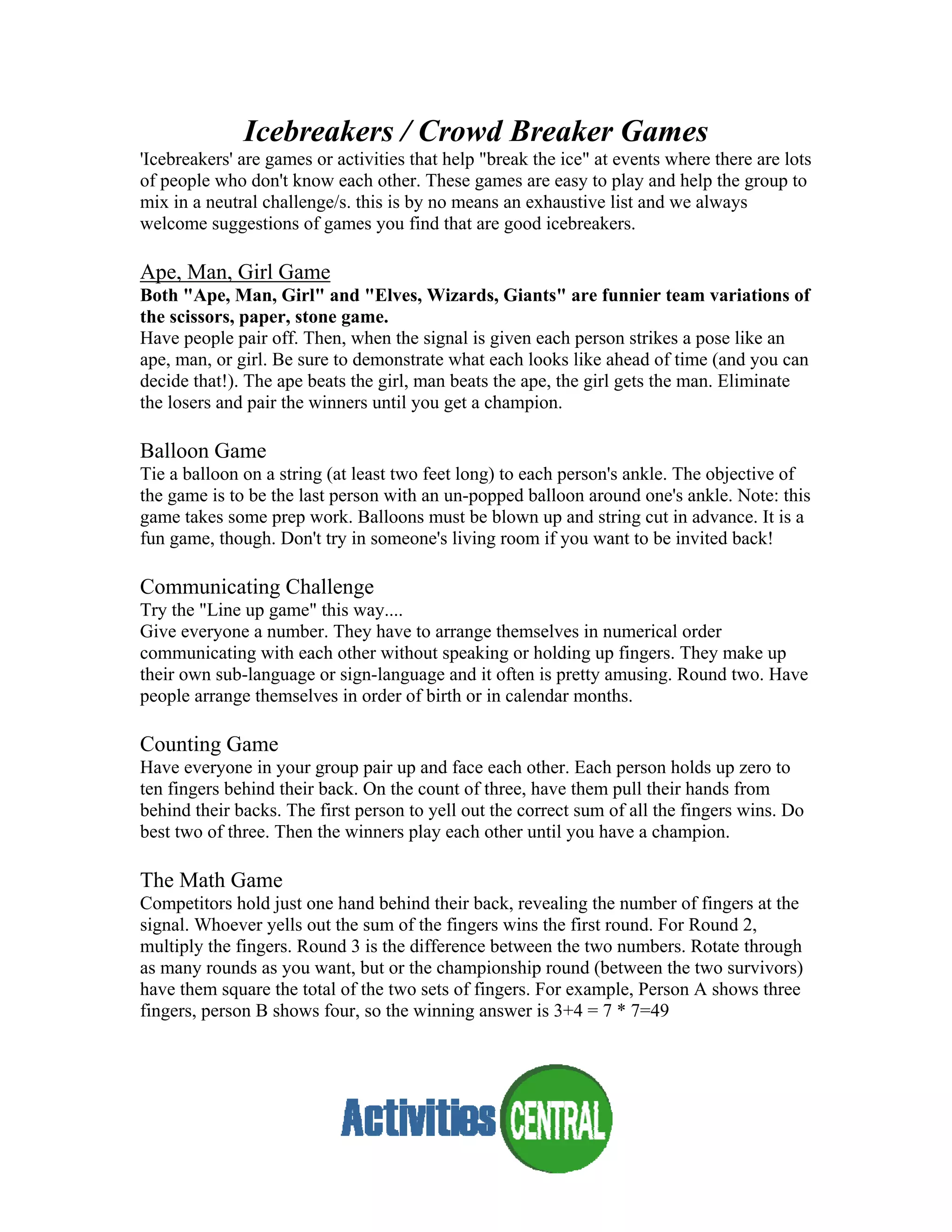 Icebreakers and scavenger hunt | PDF