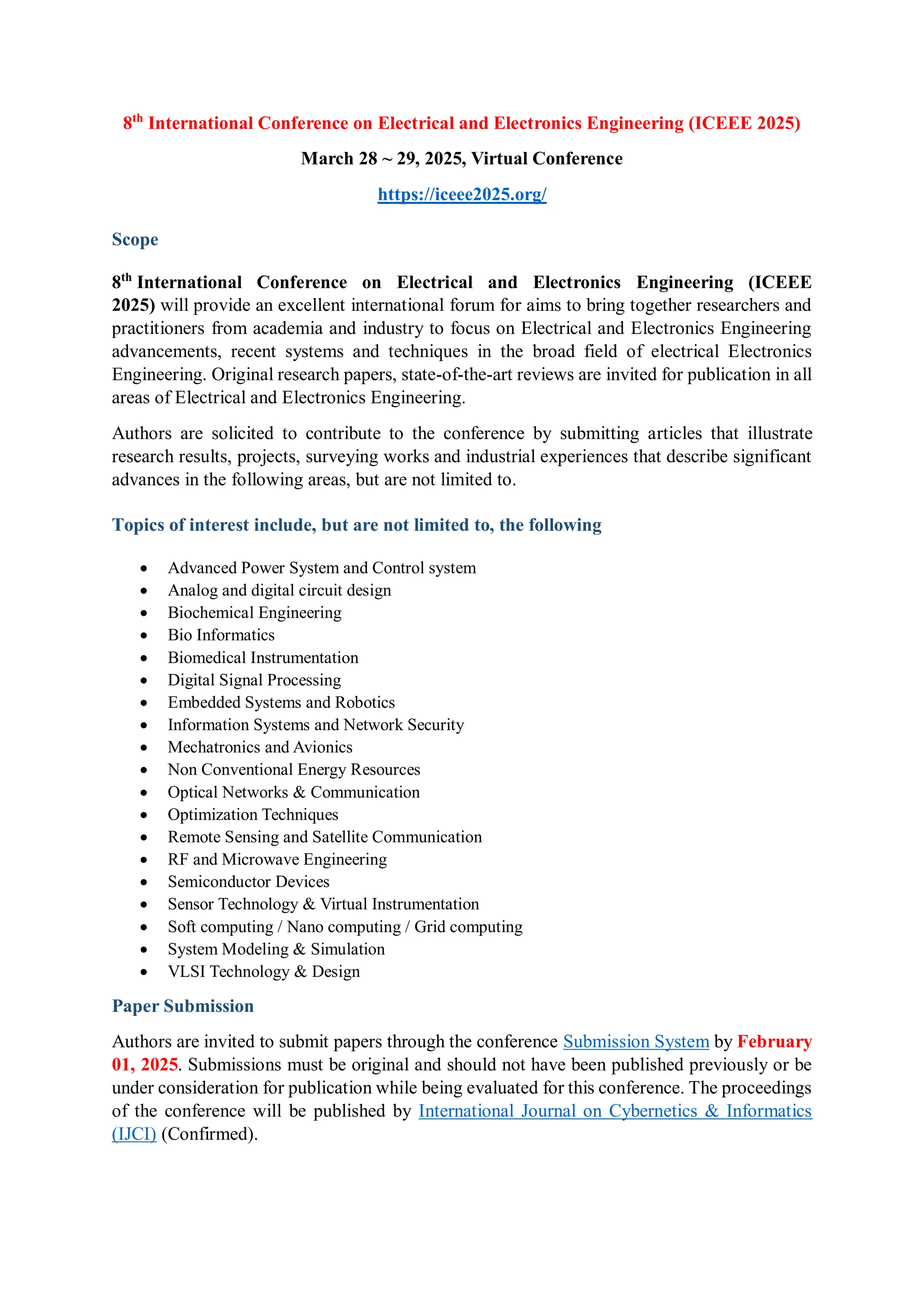 8th International Conference on Electrical and Electronics Engineering (ICEEE 2025) | PDF