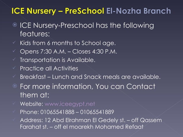 Ice nursery, preschool, american schools | PPT