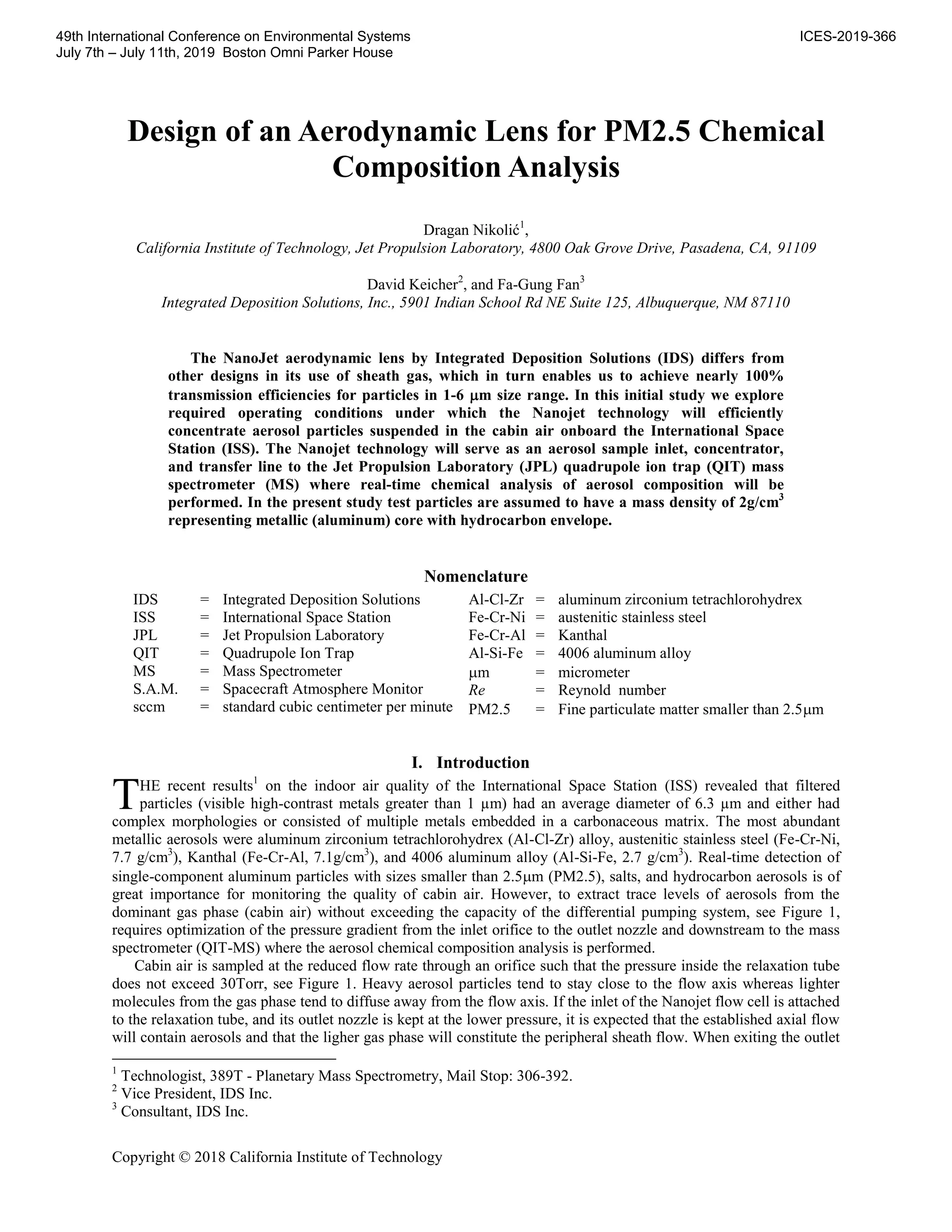 Design of an Aerodynamic Lens for PM2.5 Chemical Composition Analysis ...
