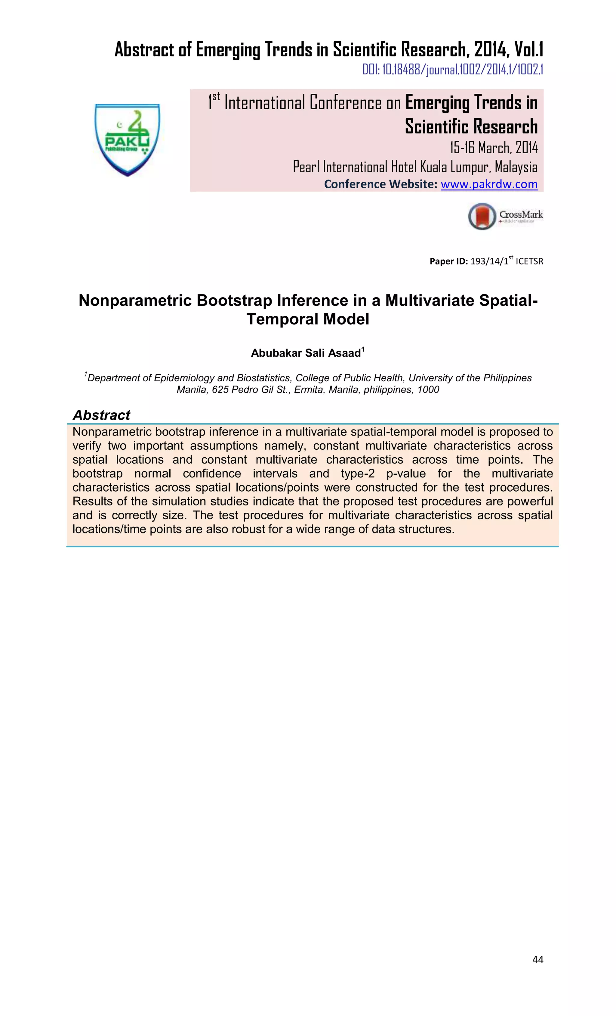 Nonparametric Bootstrap Inference in a Multivariate Spatial- Temporal ... Nonparametric Bootstrap Inference in a Multivariate Spatial- Temporal ...