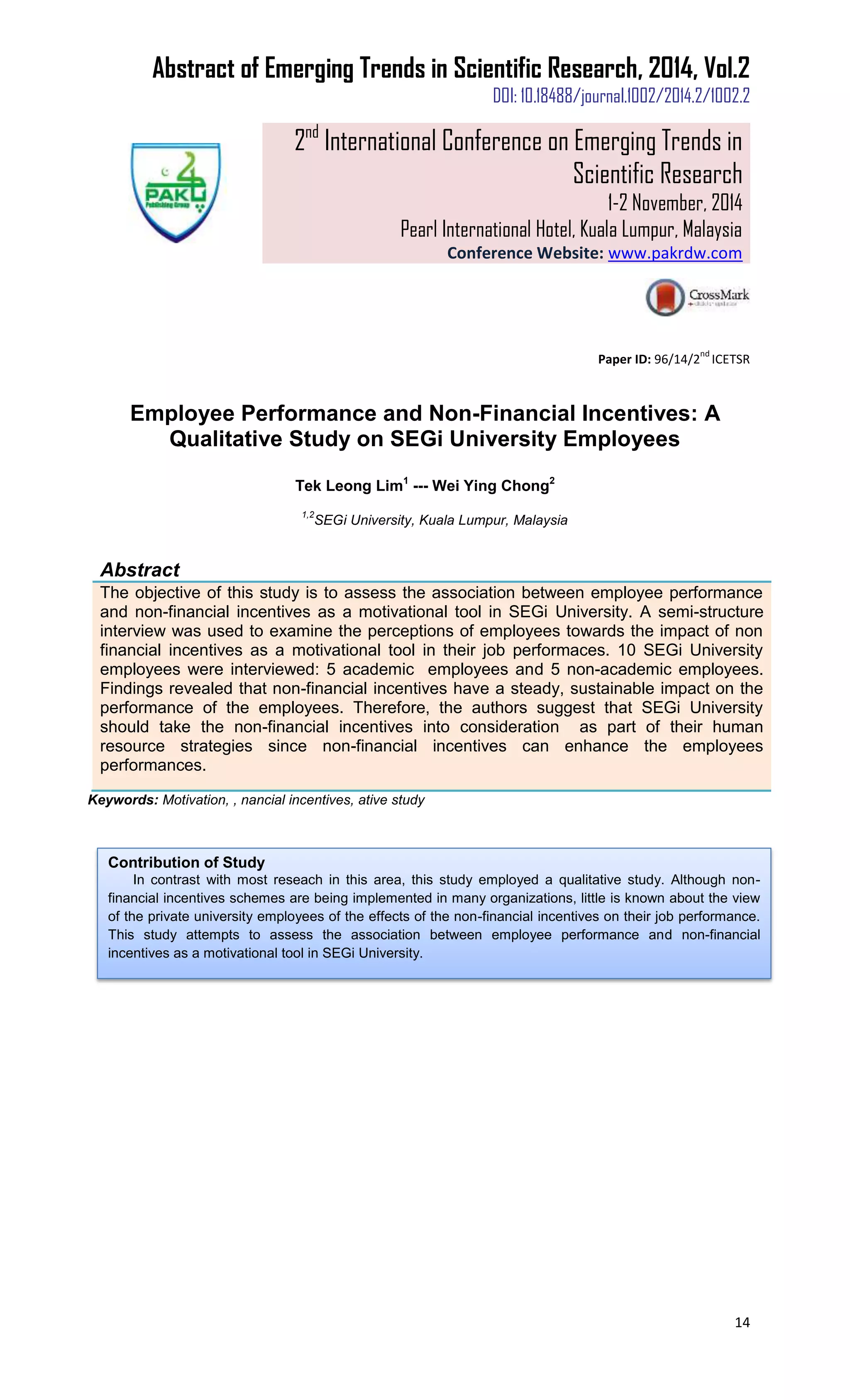 Employee Performance and Non-Financial Incentives: A Qualitative Study ...