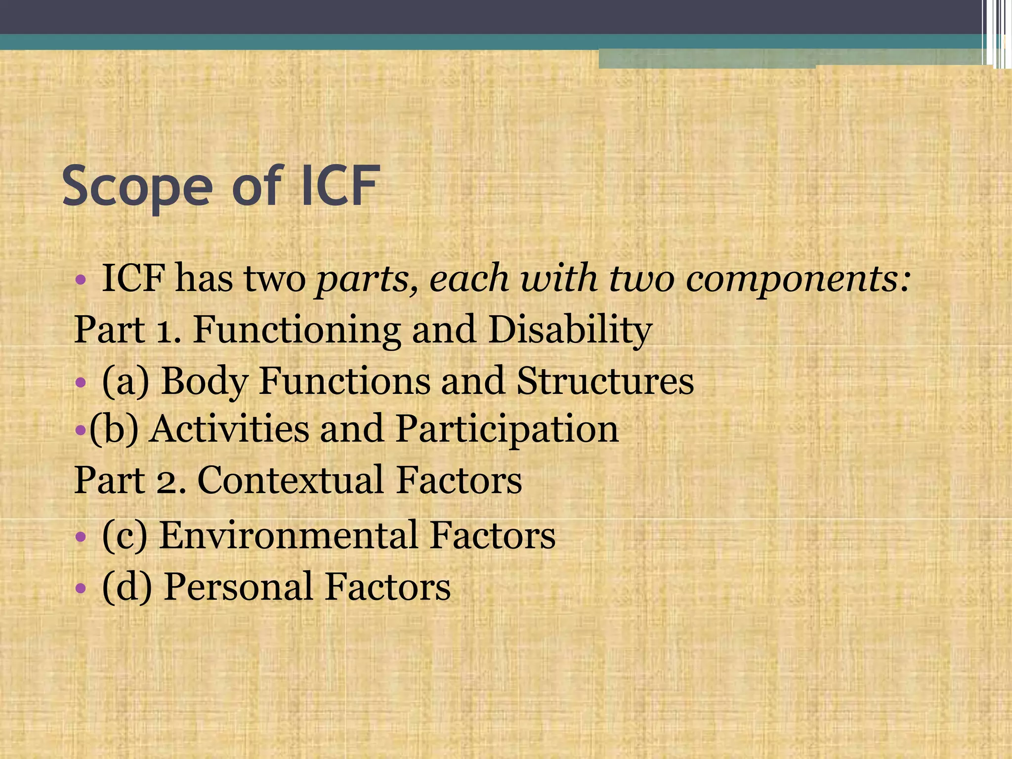 Icf International Classification Of Functioning Disability And Health Pptx