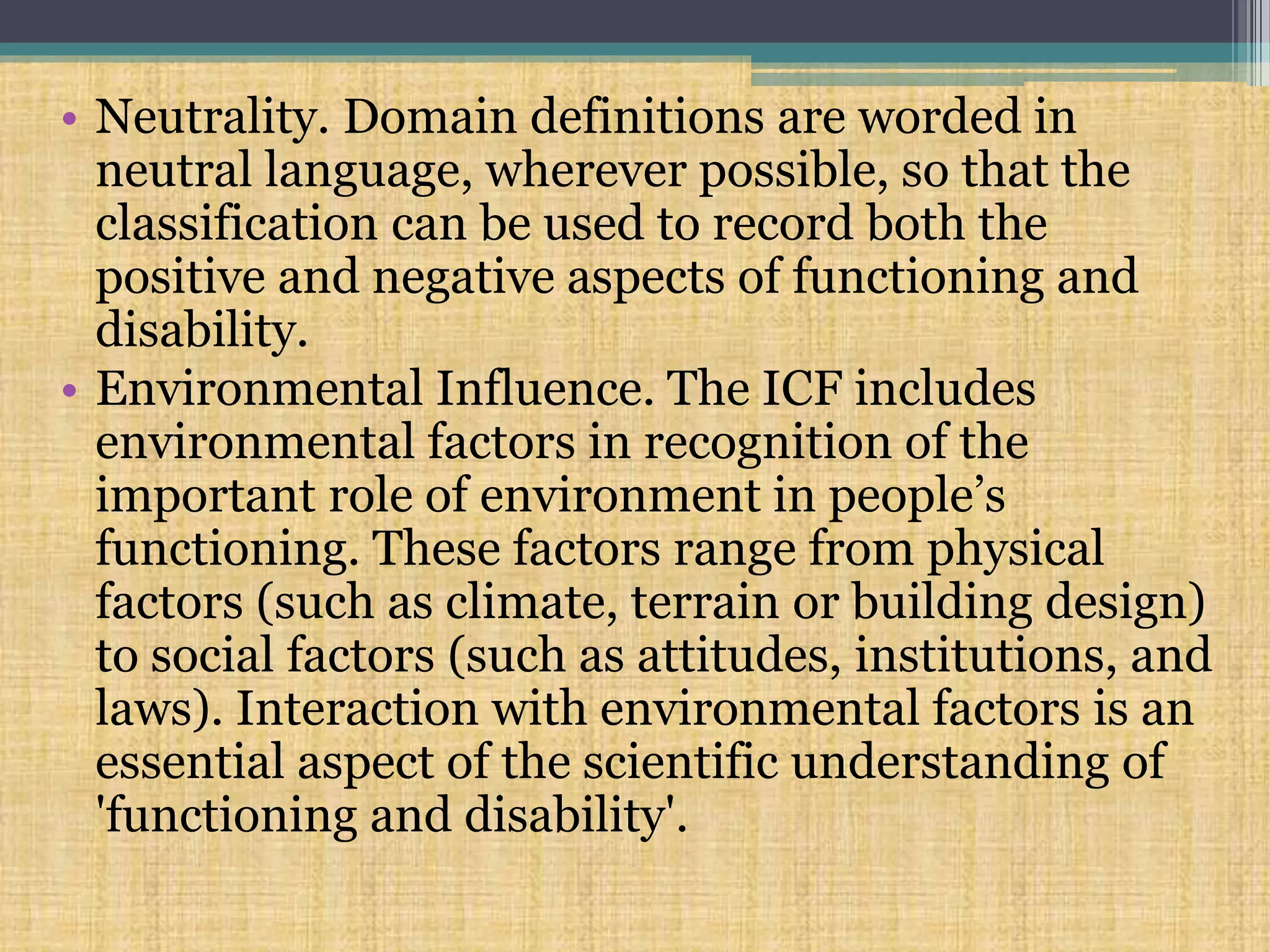 International classification of functioning, disability and health. | PPTX