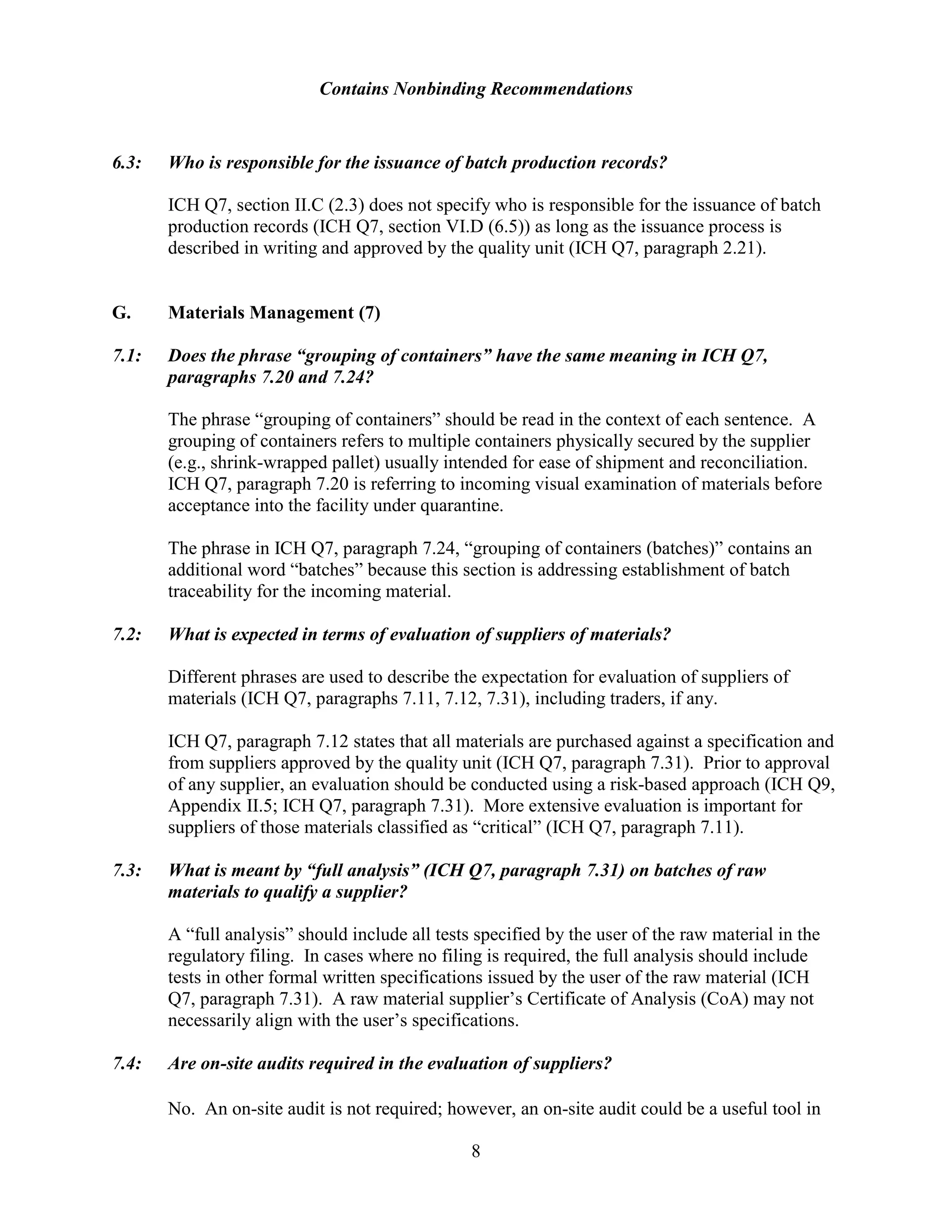 ICH 7- GMP Guidance for API-questions & answers | PDF