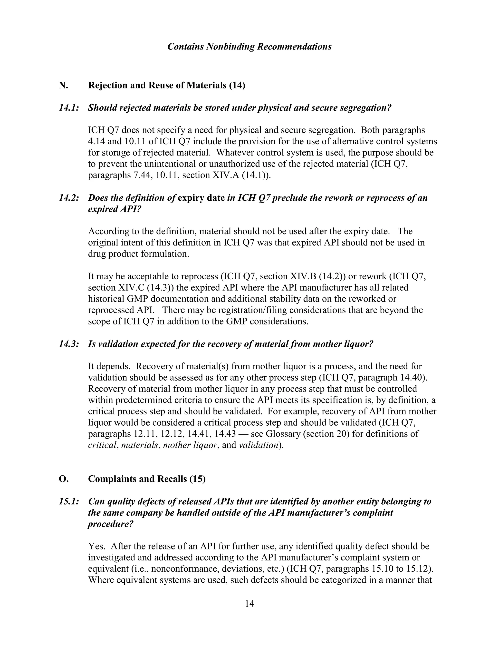 ICH 7- GMP Guidance for API-questions & answers | PDF