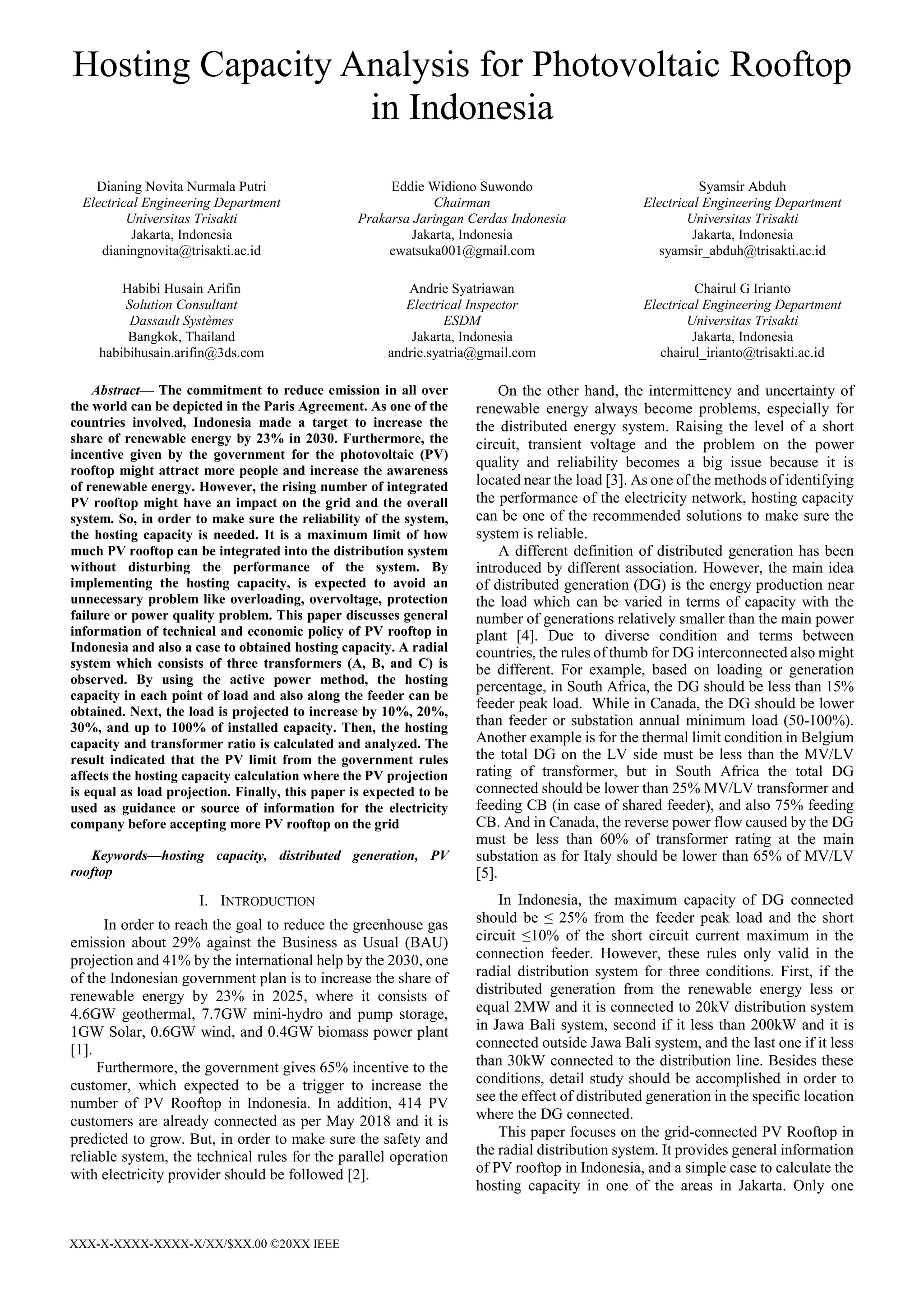 Hosting Capacity Analysis for Photovoltaic Rooftop in Indonesia | PDF