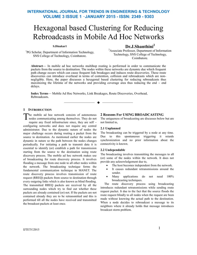 Hexagonal based Clustering for Reducing Rebroadcasts in Mobile Ad Hoc Networks | PDF