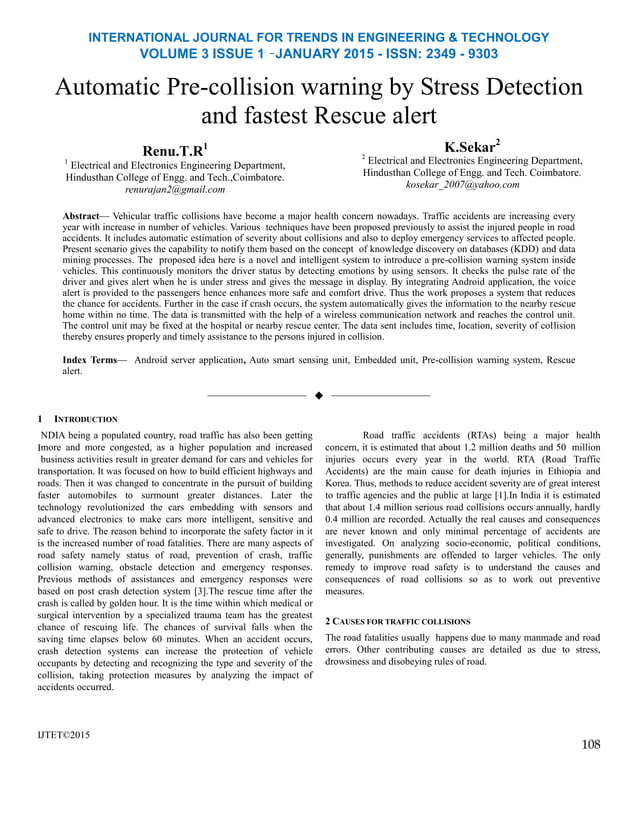 Automatic Pre-collision warning by Stress Detection and fastest Rescue ...