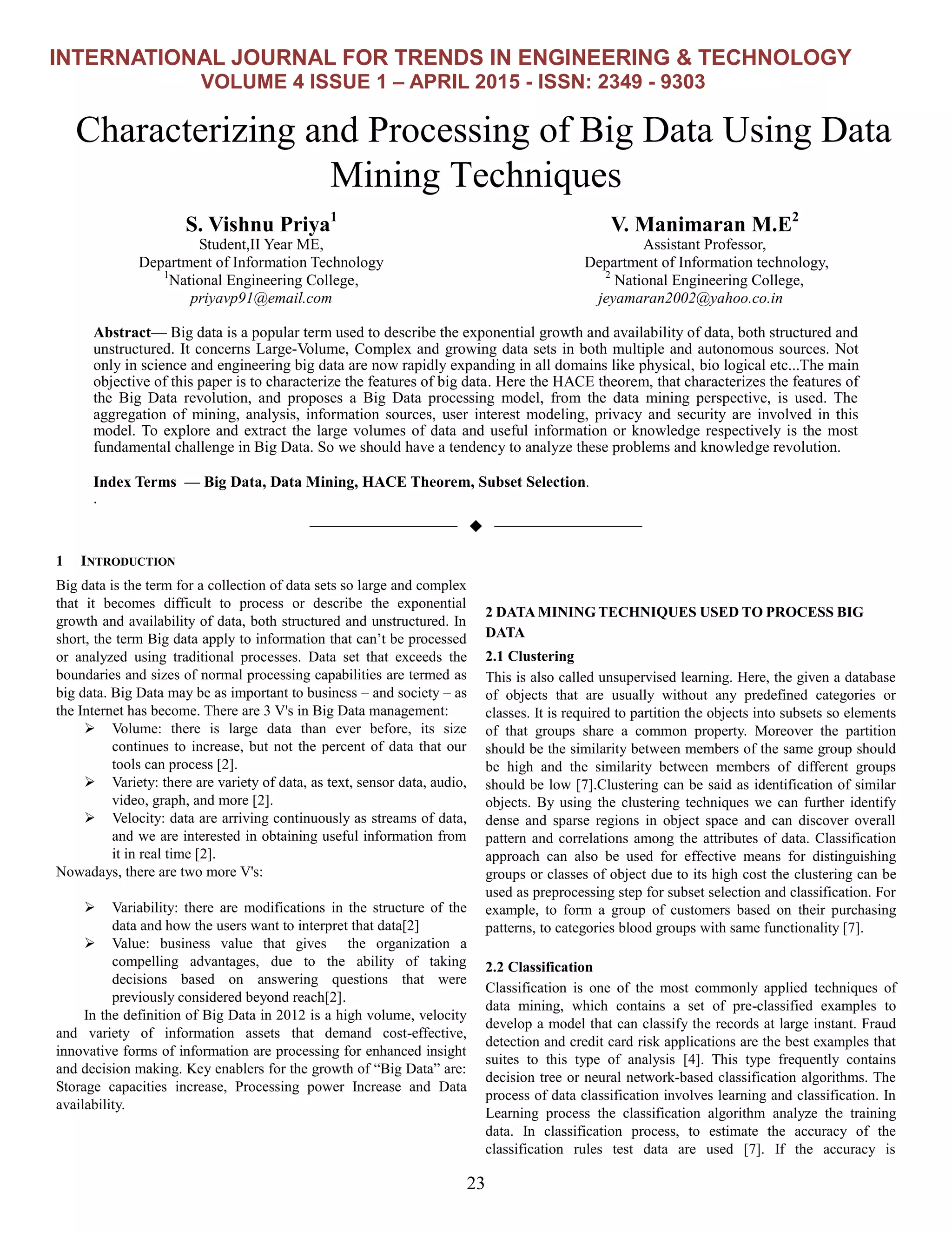 Characterizing and Processing of Big Data Using Data Mining Techniques | PDF