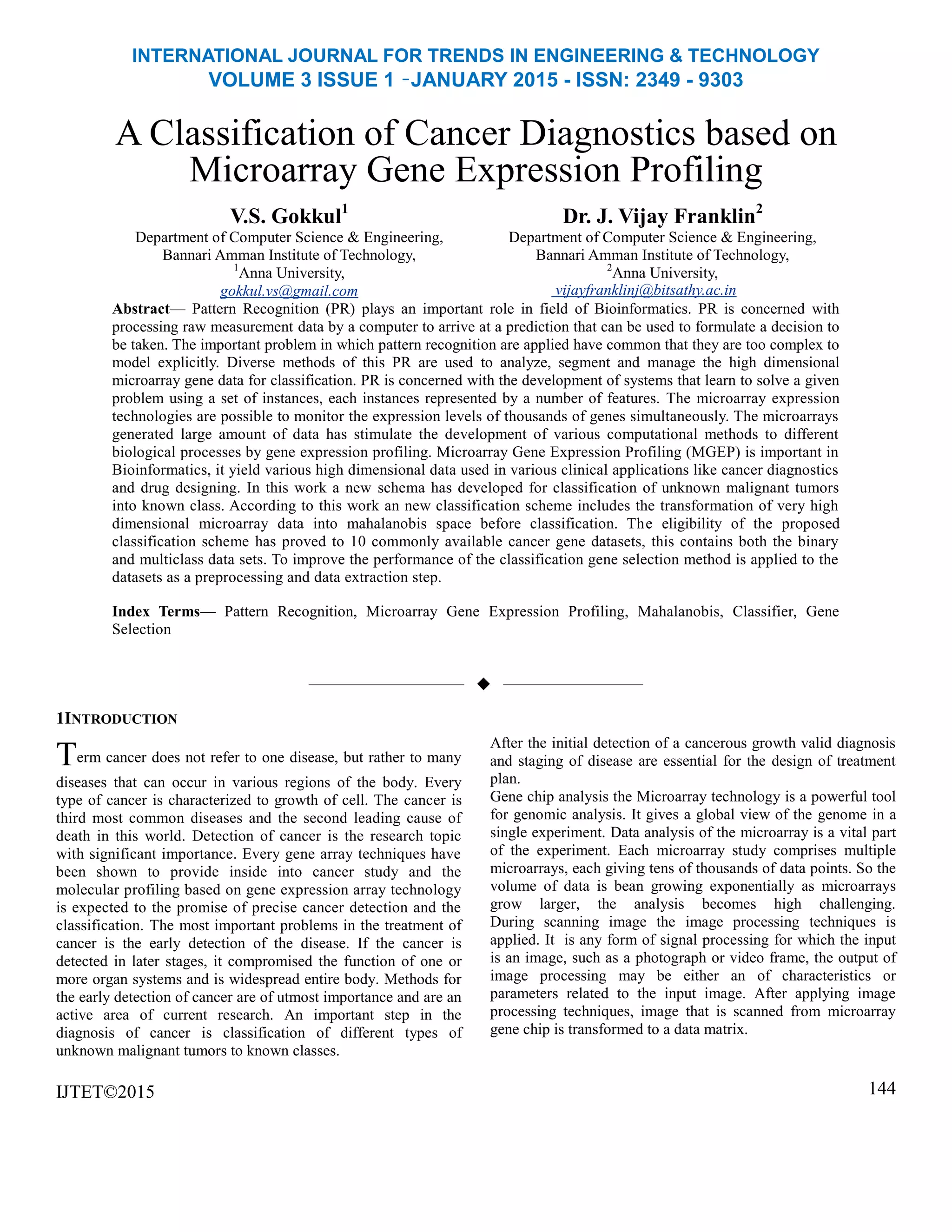 A Classification of Cancer Diagnostics based on Microarray Gene Expression Profiling | PDF