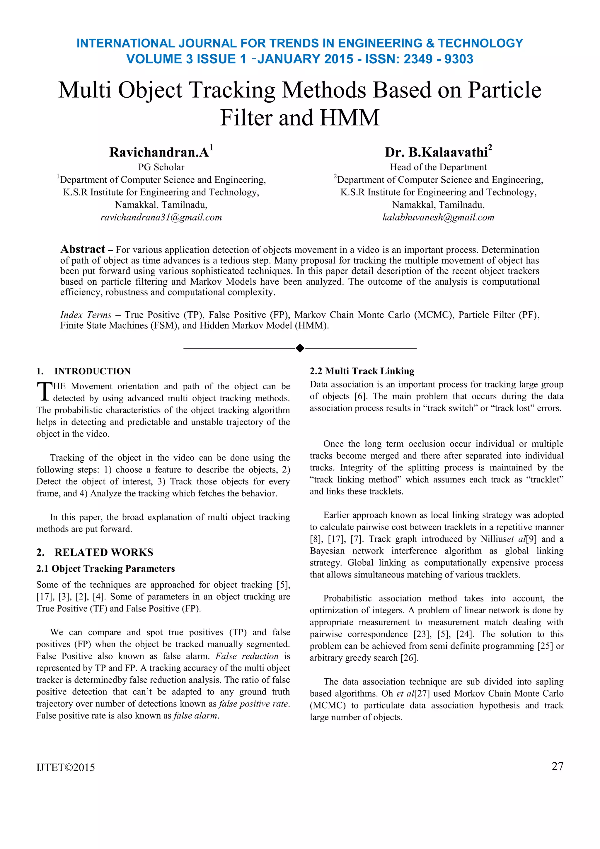 Multi Object Tracking Methods Based on Particle Filter and HMM | PDF ...