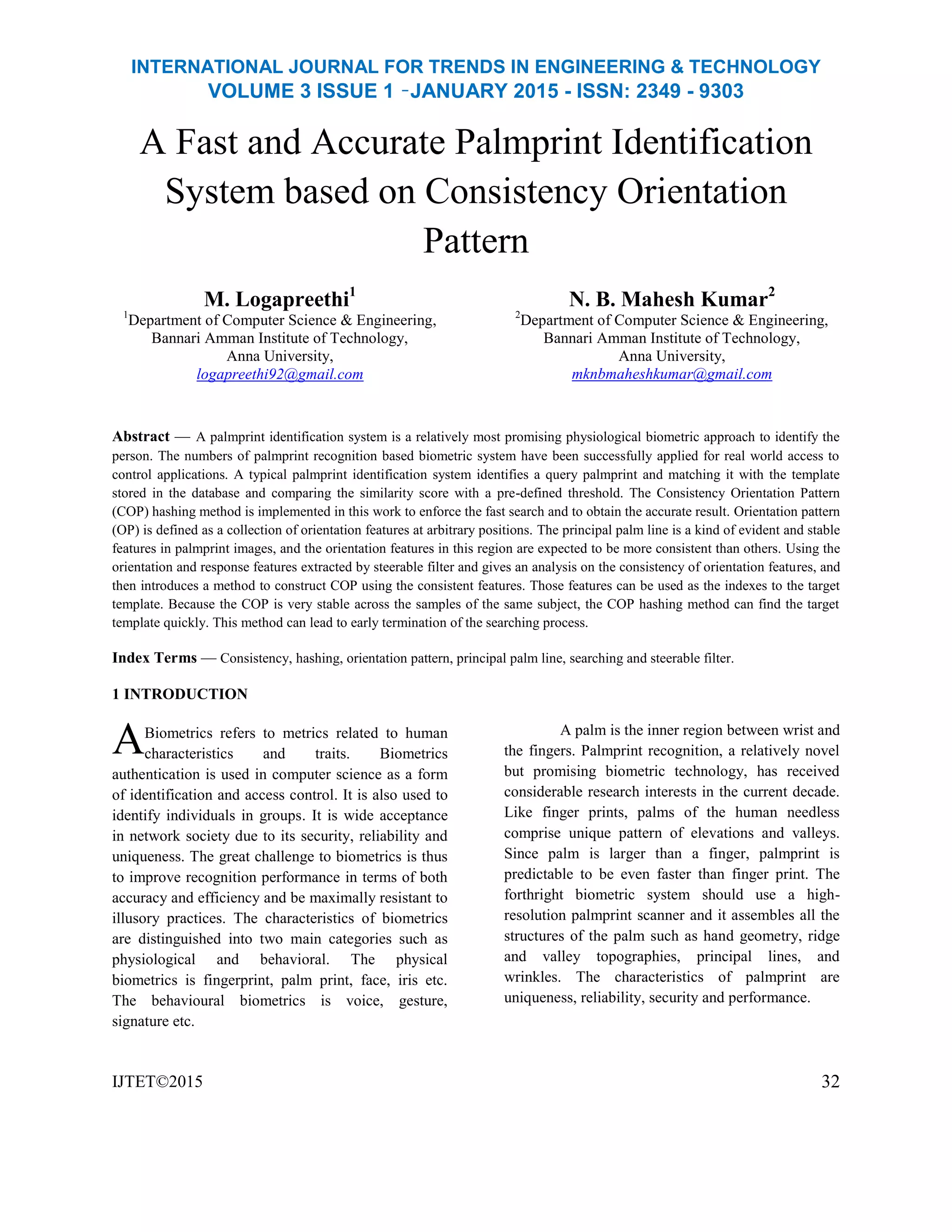 A Fast and Accurate Palmprint Identification System based on Consistency Orientation Pattern | PDF