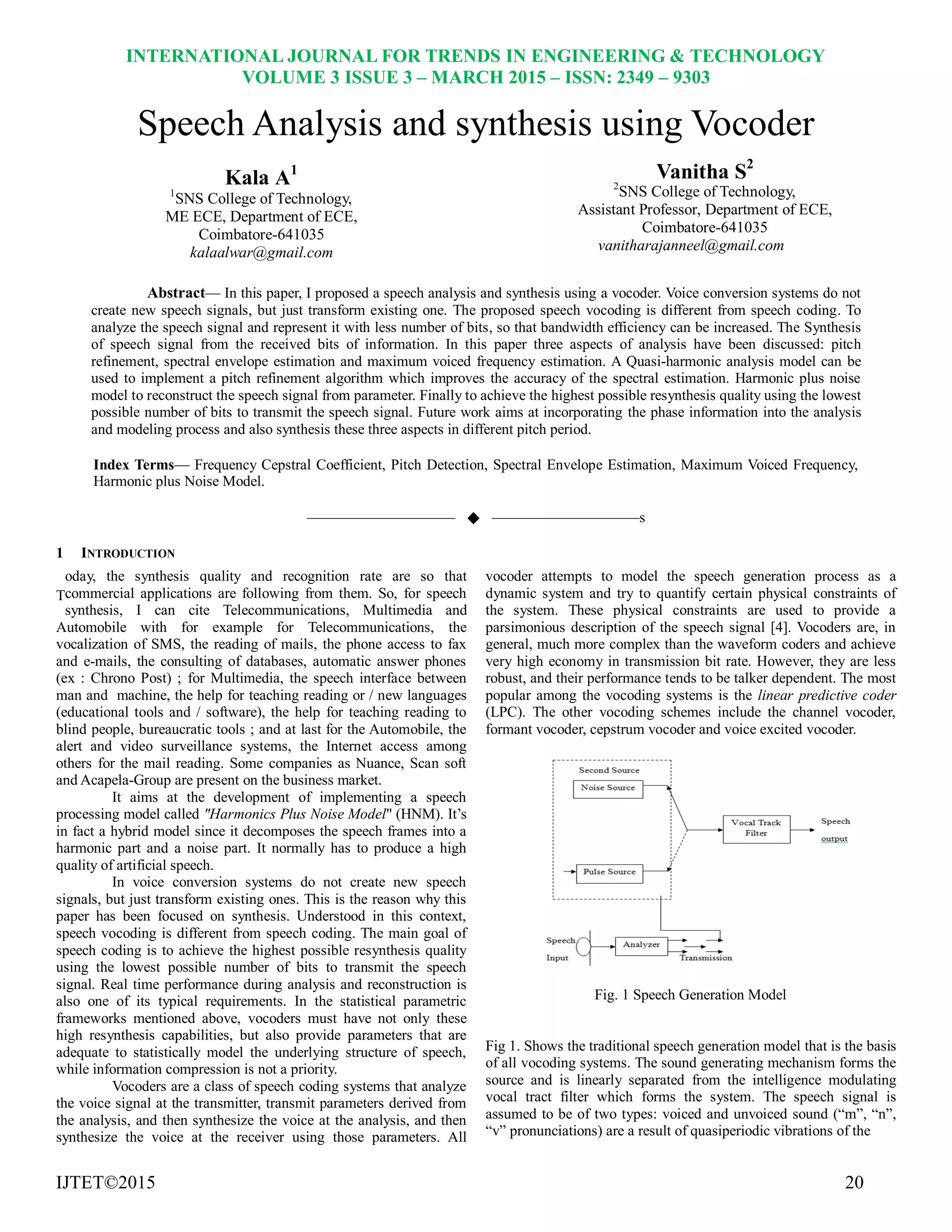 Speech Analysis and synthesis using Vocoder | PDF