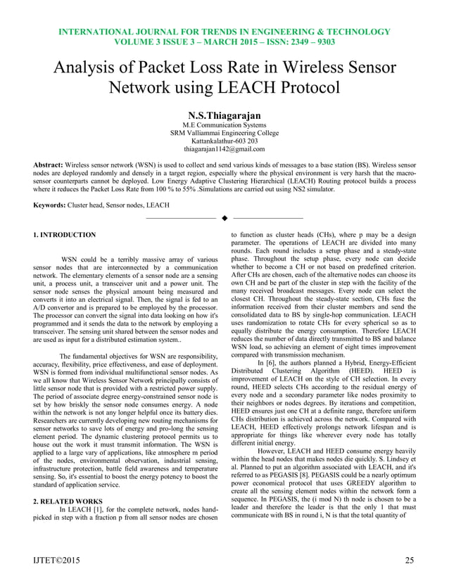 Analysis of Packet Loss Rate in Wireless Sensor Network using LEACH Protocol | PDF