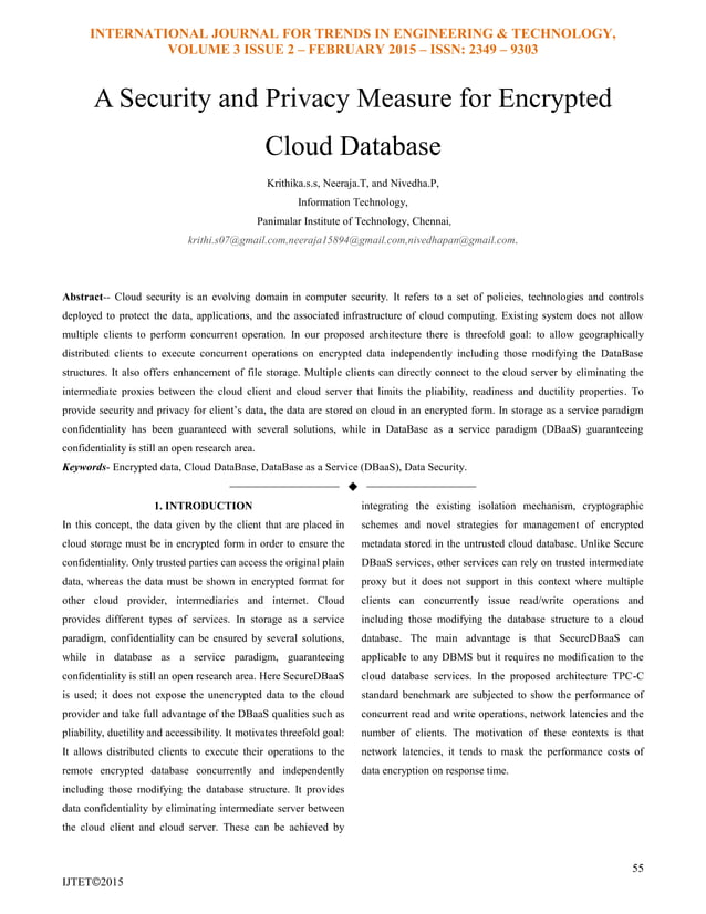 A Security and Privacy Measure for Encrypted Cloud Database | PDF