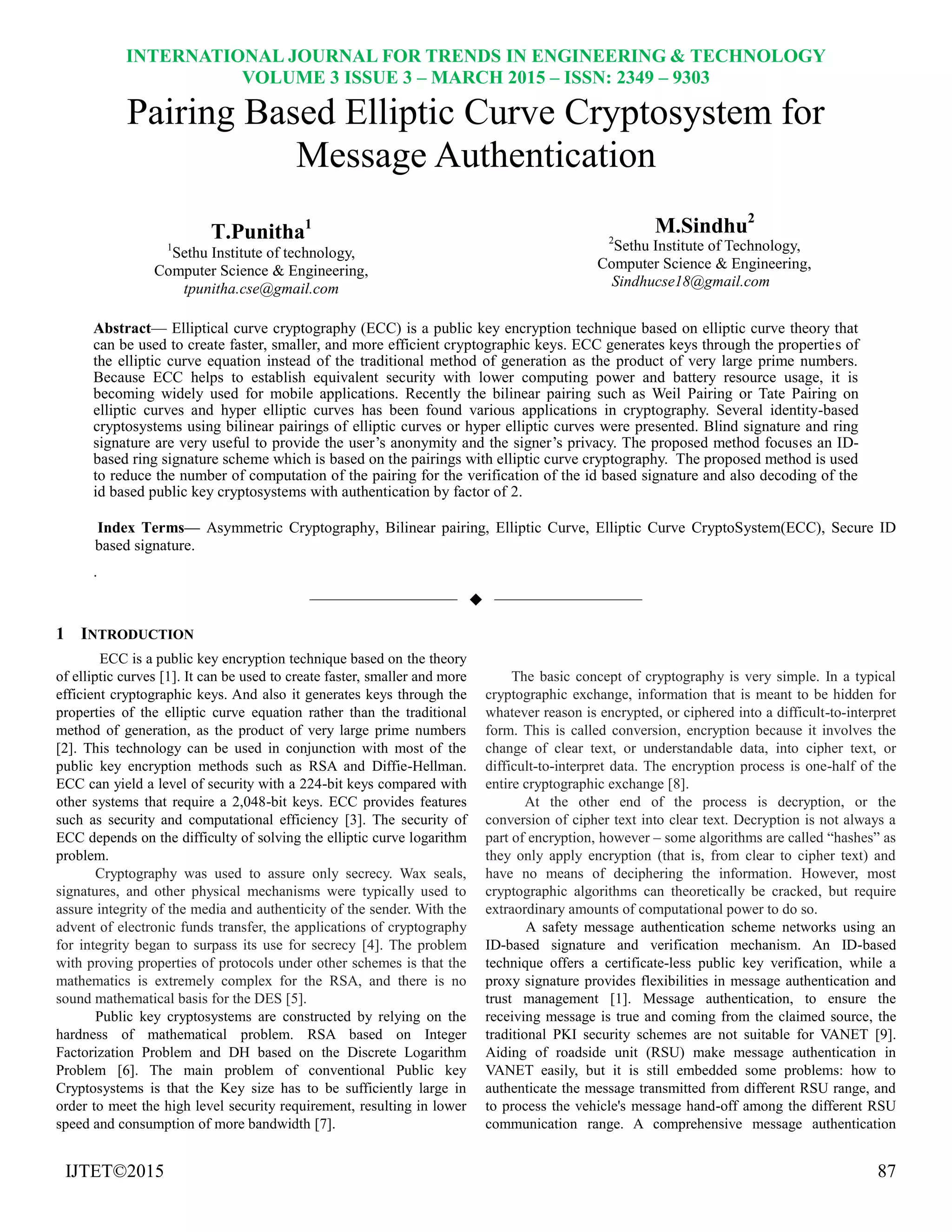 Pairing Based Elliptic Curve Cryptosystem for Message Authentication | PDF | Information and ...