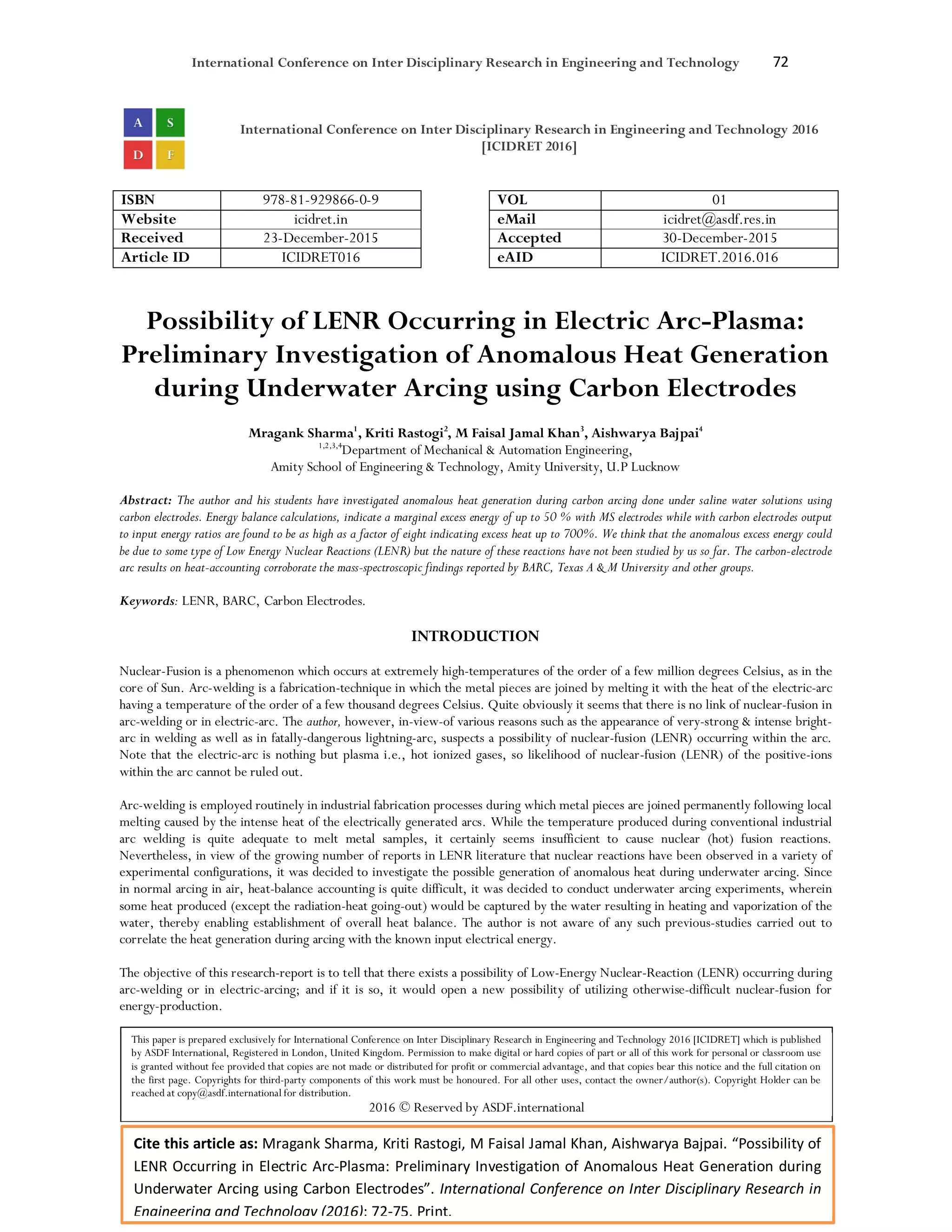 Possibility of LENR Occurring in Electric Arc-Plasma: Preliminary ...