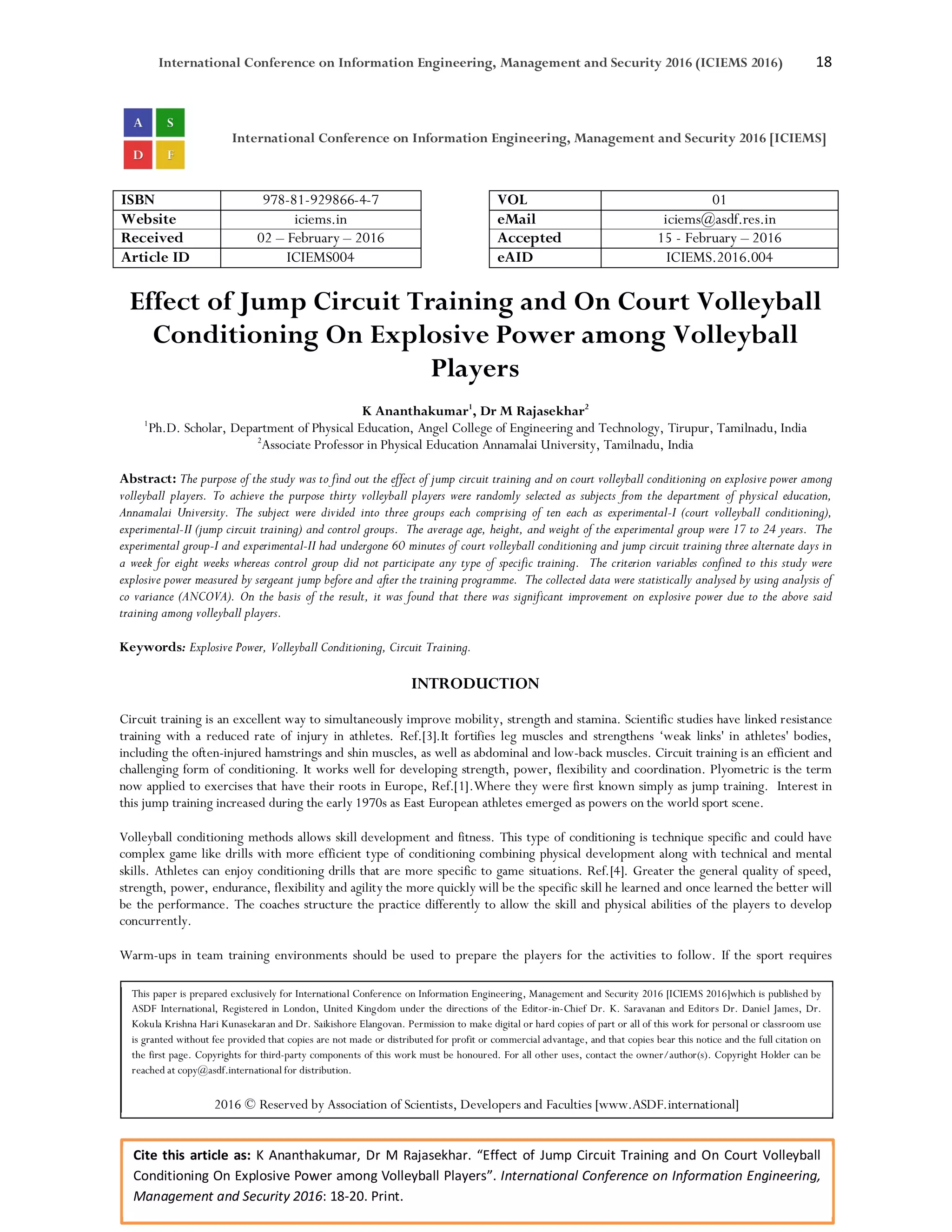 Effect of Jump Circuit Training and On Court Volleyball Conditioning On ...