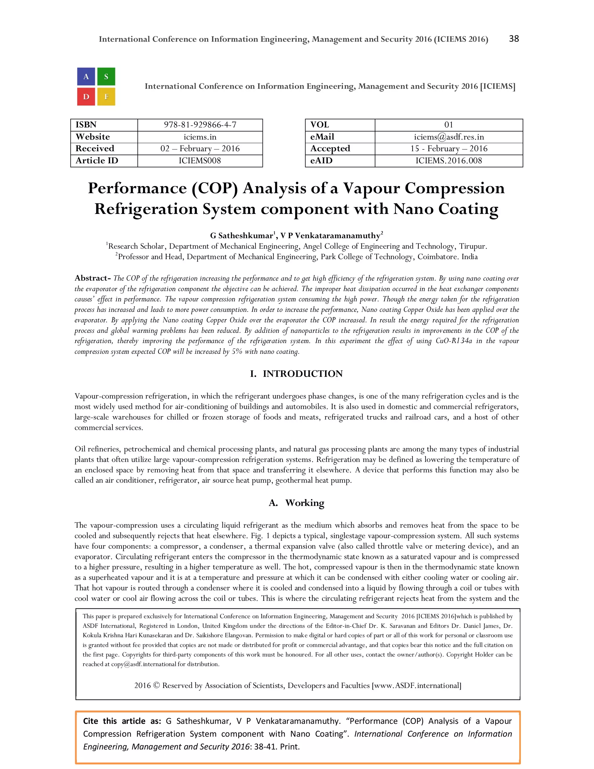 Performance (COP) Analysis of a Vapour Compression Refrigeration System ...