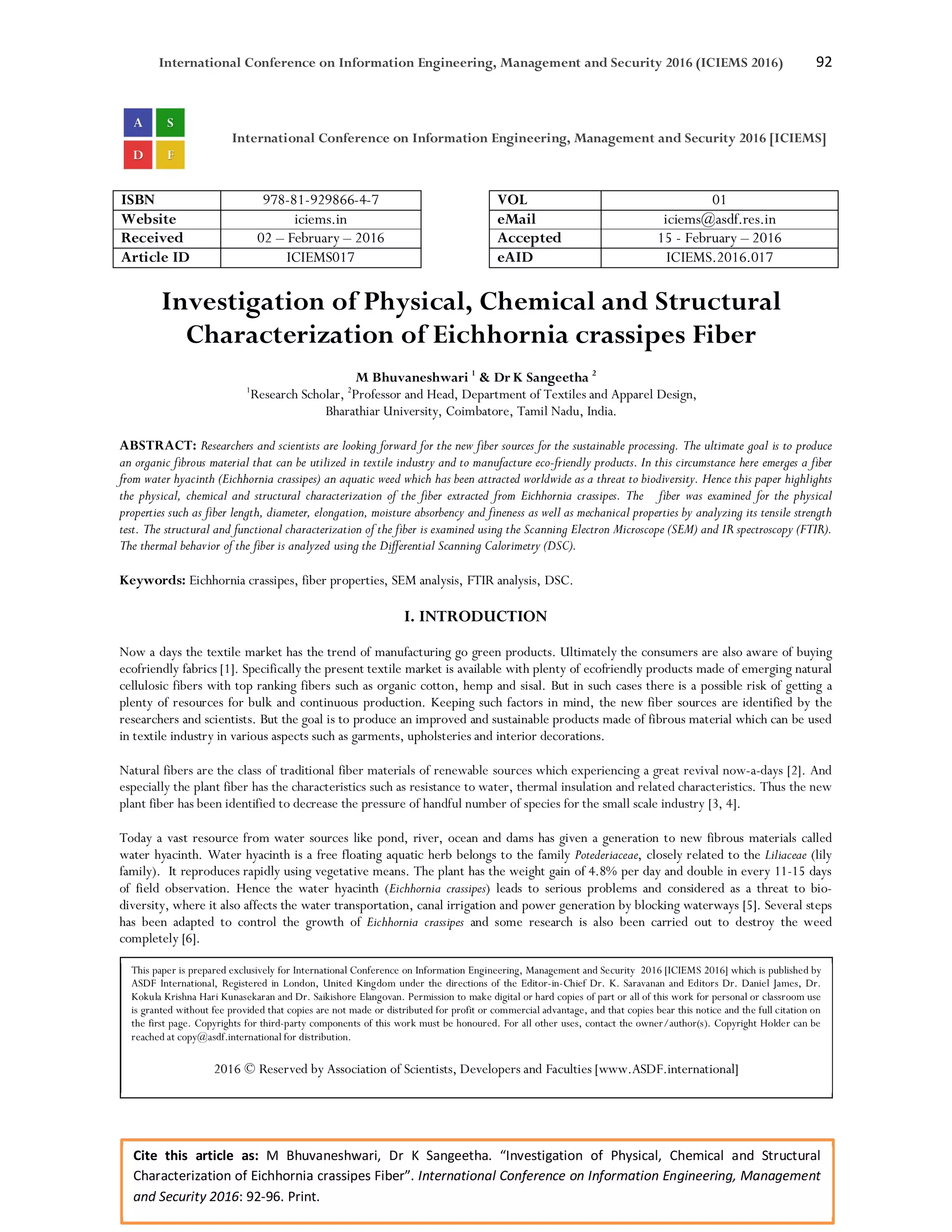 Investigation of Physical, Chemical and Structural Characterization of Eichhornia crassipes ...