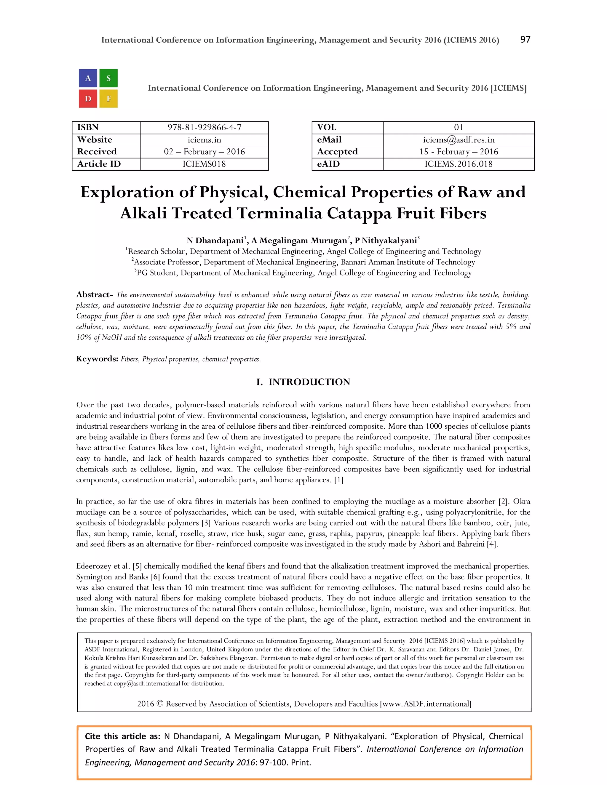 Exploration of Physical, Chemical Properties of Raw and Alkali Treated Terminalia Catappa Fruit ...