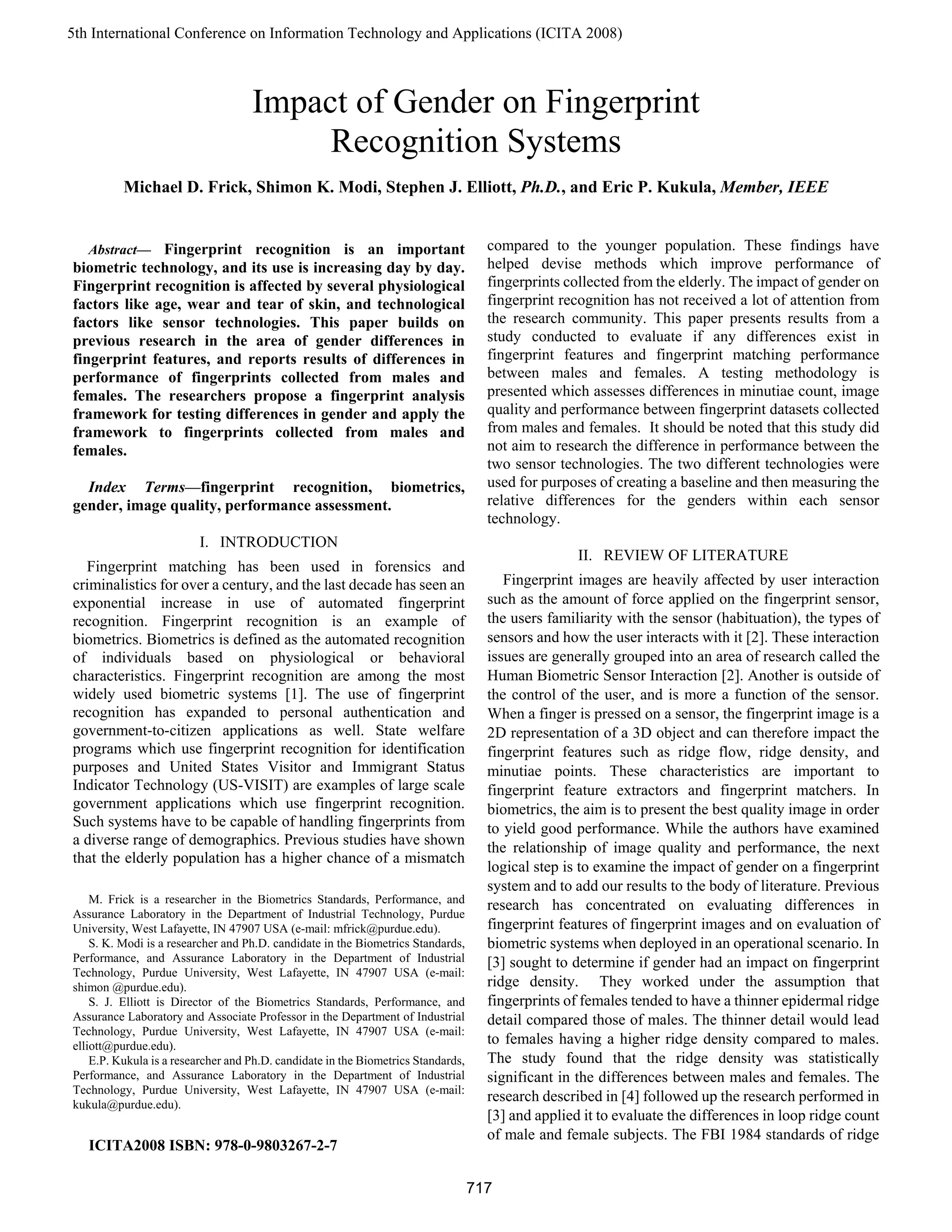 (2008) Impact of Gender on Fingerprint Recognition Systems | PDF